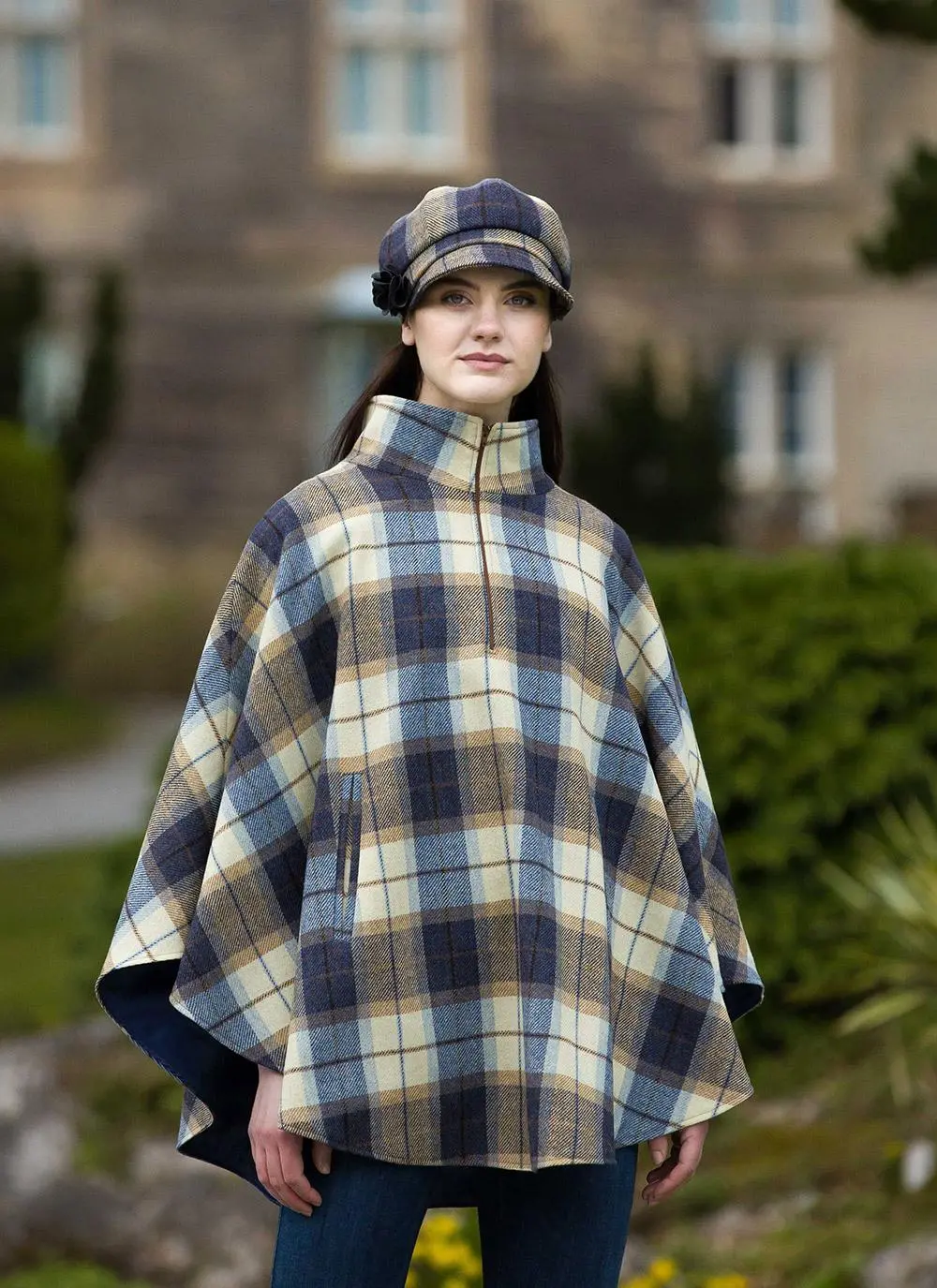 Mucros Half Zip Poncho in Denim/White Check | Blarney