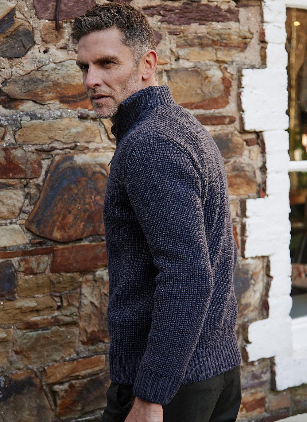 Ribbed Zip Neck Troyer Sweater in Navy Marl | Blarney