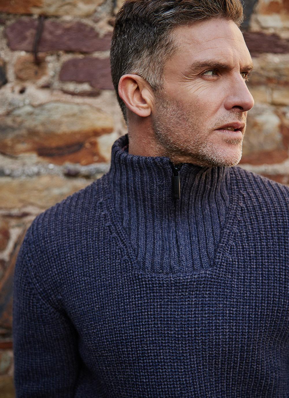 Ribbed Zip Neck Troyer Sweater in Navy Marl | Blarney