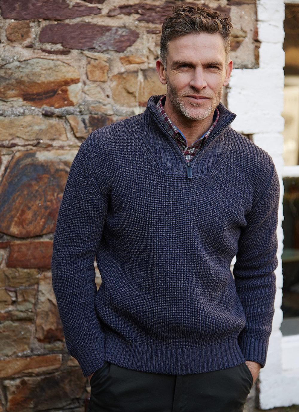 Ribbed Zip Neck Troyer Sweater in Navy Marl | Blarney
