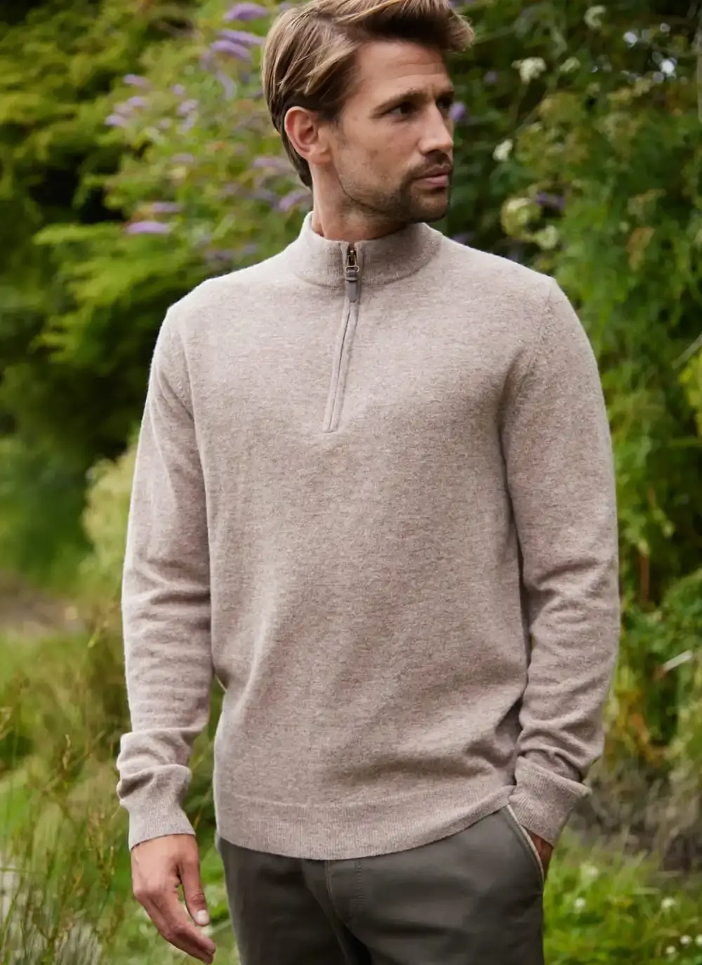 Lambswool Zip Neck Sweater in Cinnamon Beige | Blarney