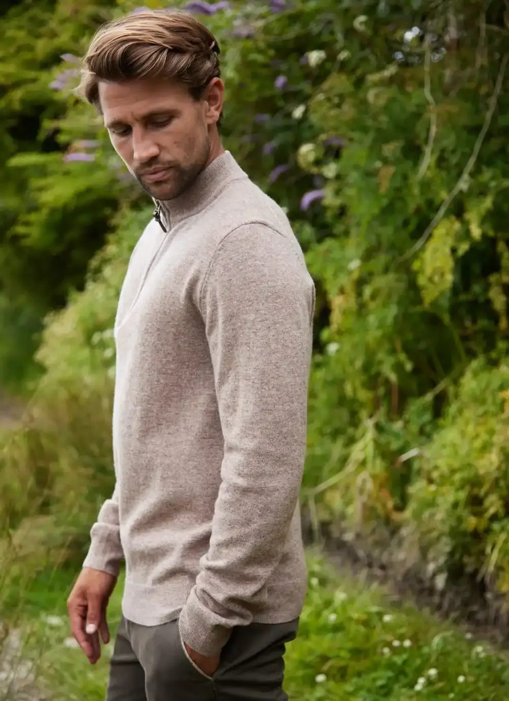 Lambswool Zip Neck Sweater in Cinnamon Beige | Blarney