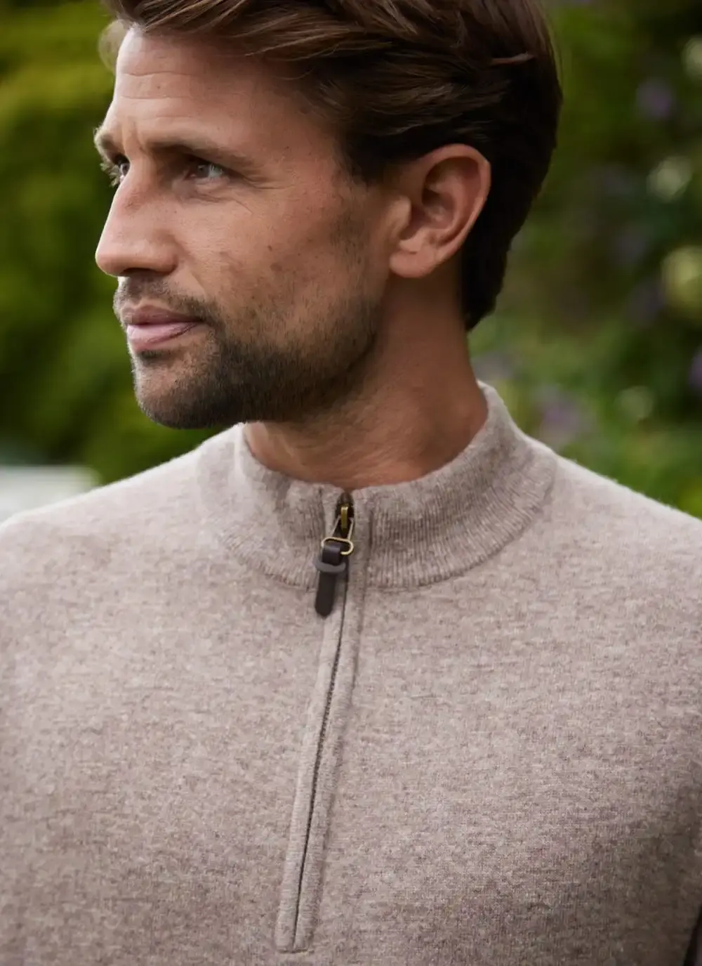 Lambswool Zip Neck Sweater in Cinnamon Beige | Blarney