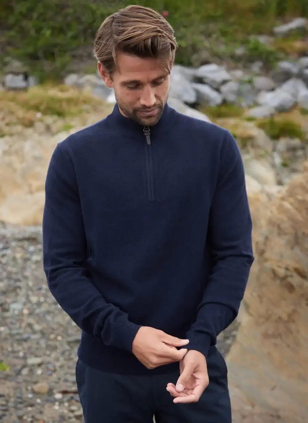 Lambswool Zip Neck Sweater in Navy | Blarney