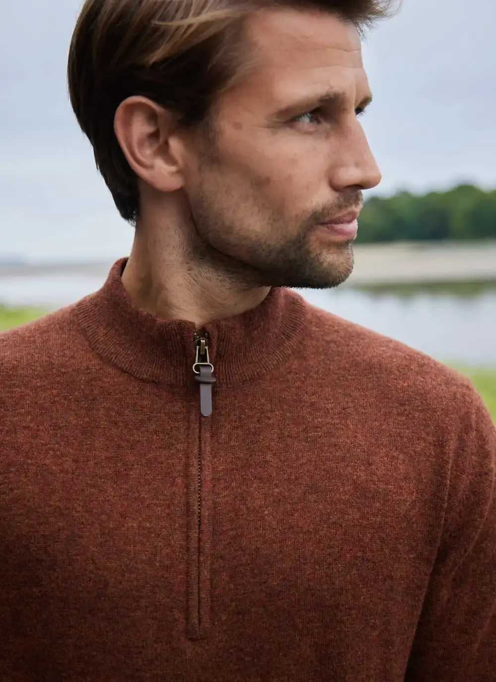 Lambswool Zip Neck Sweater in Venera (Rust) | Blarney