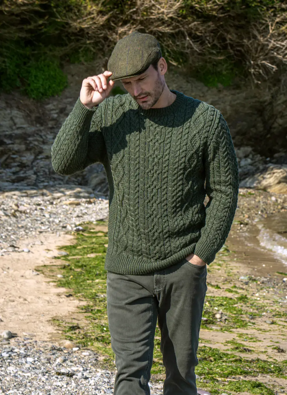 Oisin Aran Crew Neck Sweater in Army Green | Blarney