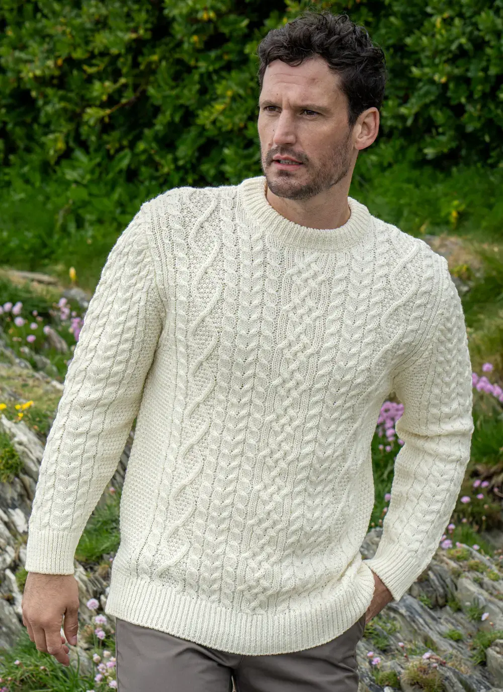 Oisin Aran Crew Neck Sweater in Natural | Blarney