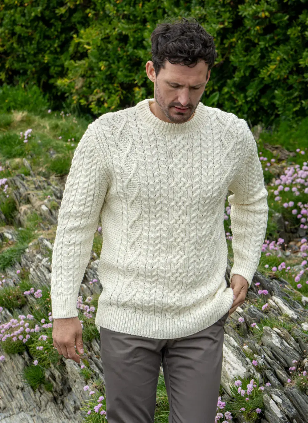Oisin Aran Crew Neck Sweater in Natural | Blarney