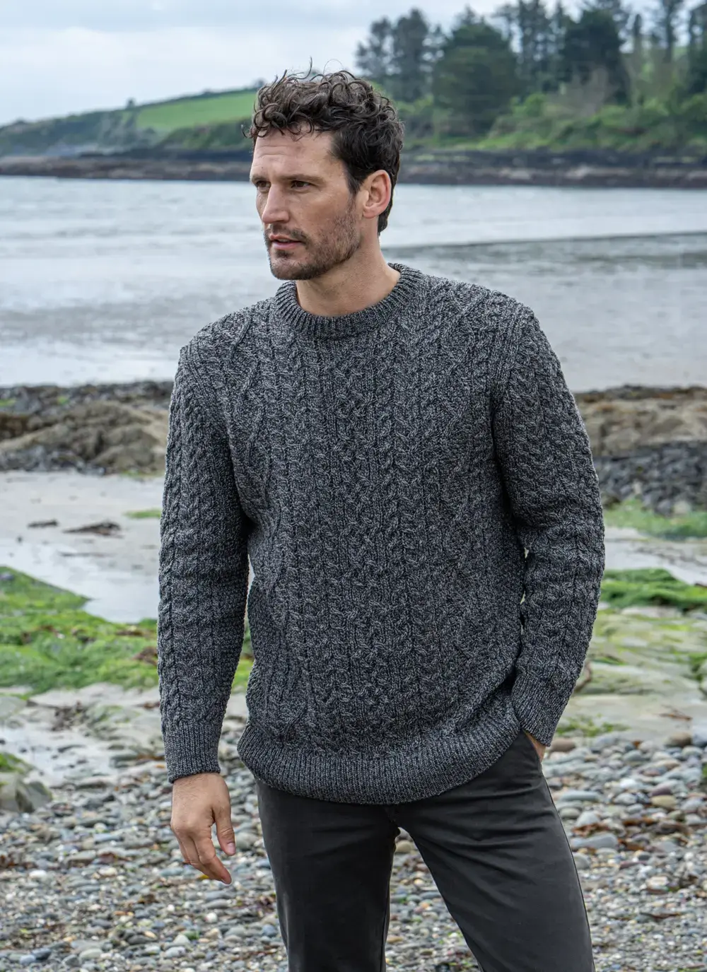 Oisin Aran Crew Neck Sweater in Slate | Blarney