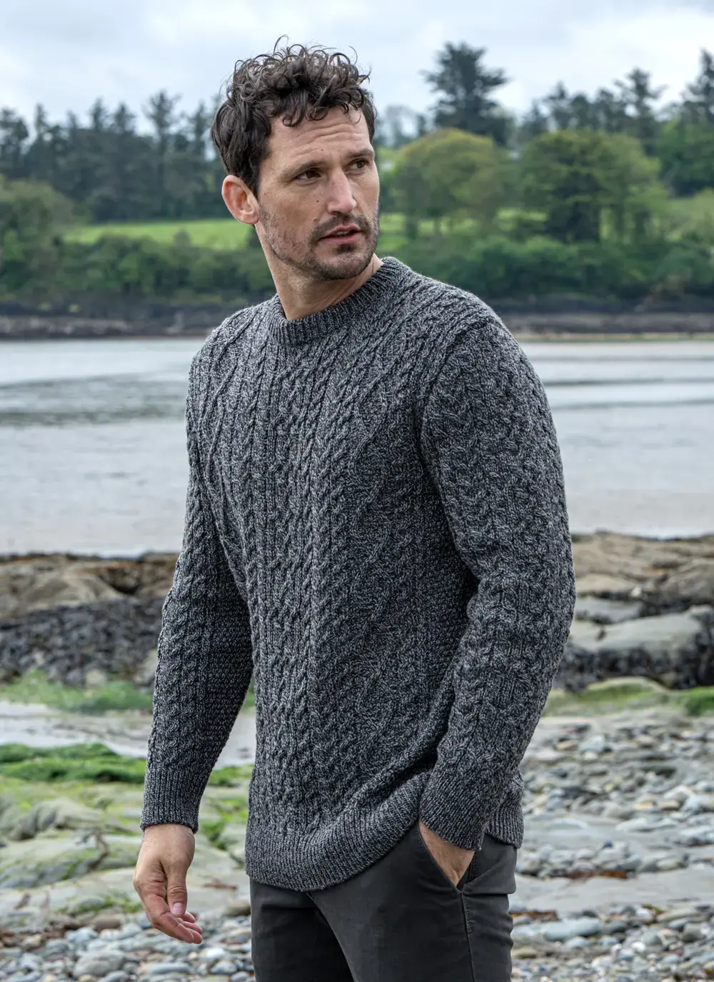 Oisin Aran Crew Neck Sweater in Slate | Blarney