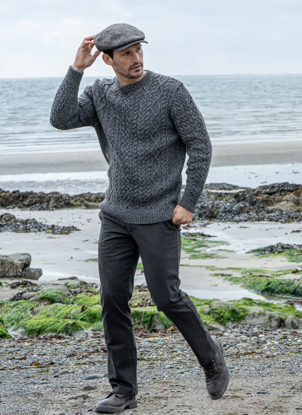 Oisin Aran Crew Neck Sweater in Slate | Blarney