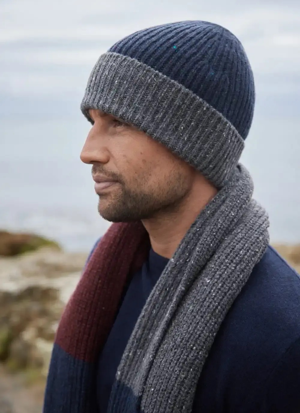 Wool Cashmere Two-Tone Beanie in Navy/Charcoal | Blarney