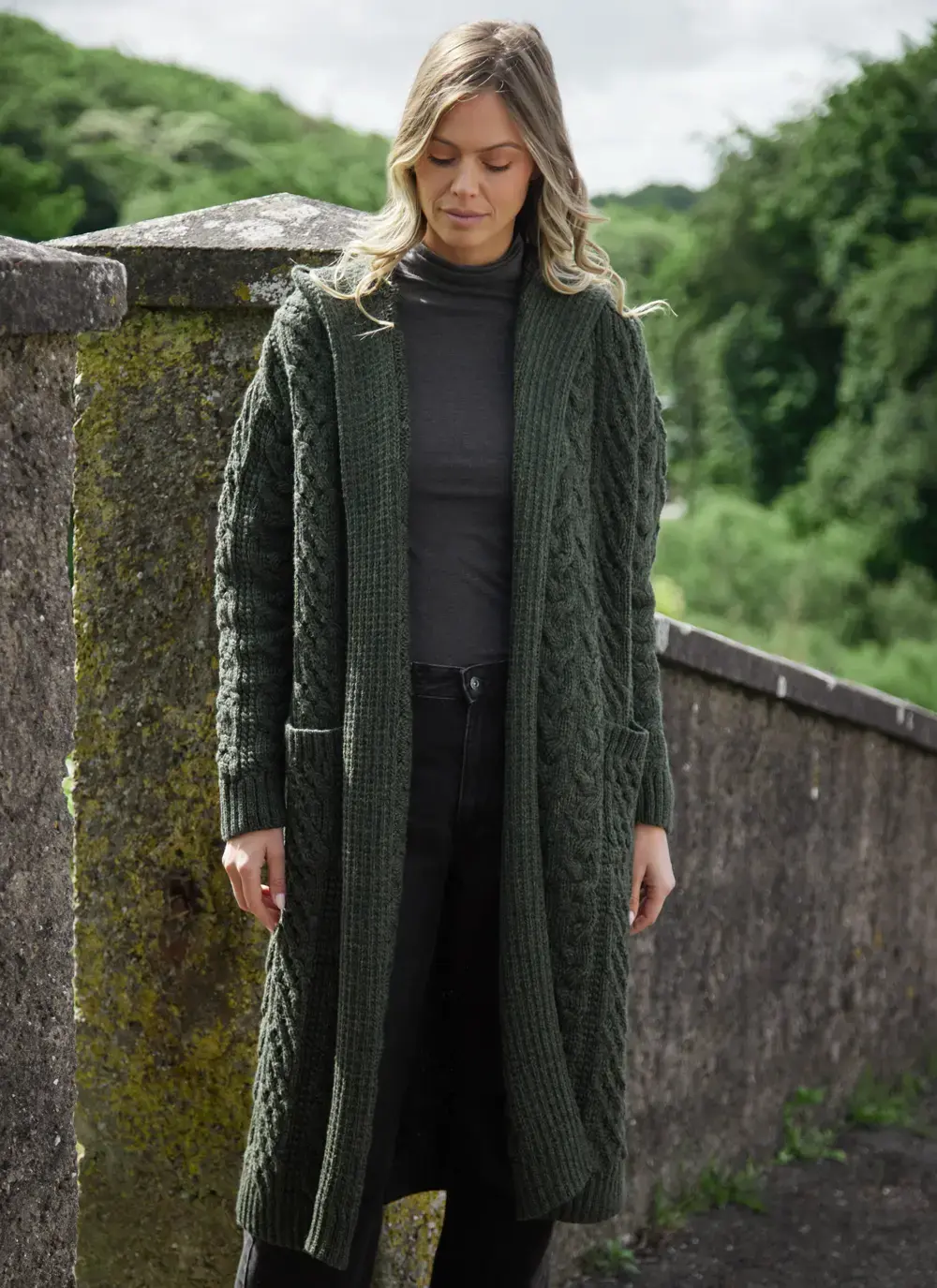 Aoife Long Hooded Coatigan in Woodland | Blarney
