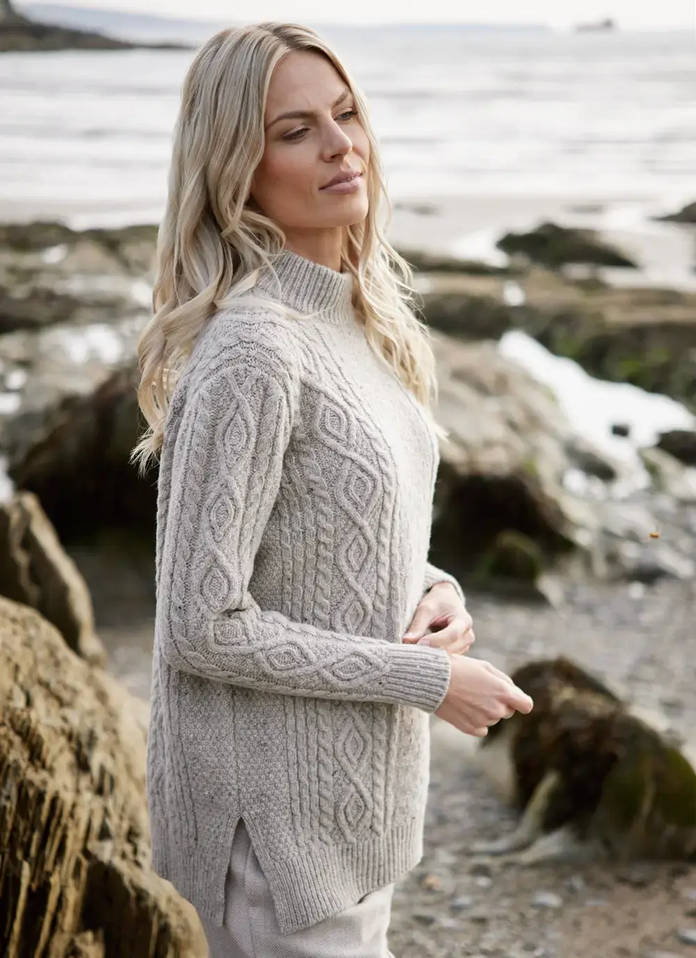 Grainne Wool Cashmere Turtle Neck Aran Sweater in Beige | Blarney