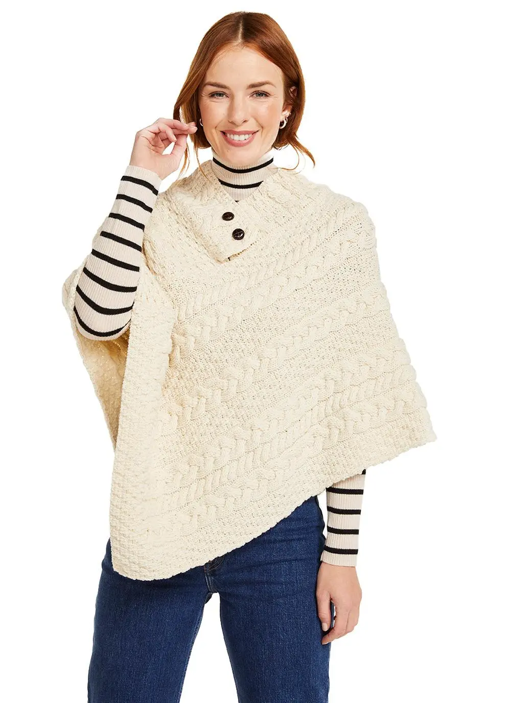 Cable Button Poncho in Natural | Blarney