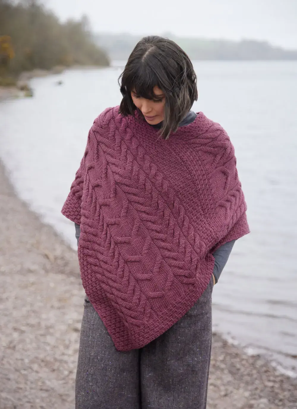 Supersoft Merino Wool Cable Poncho in Jam | Blarney