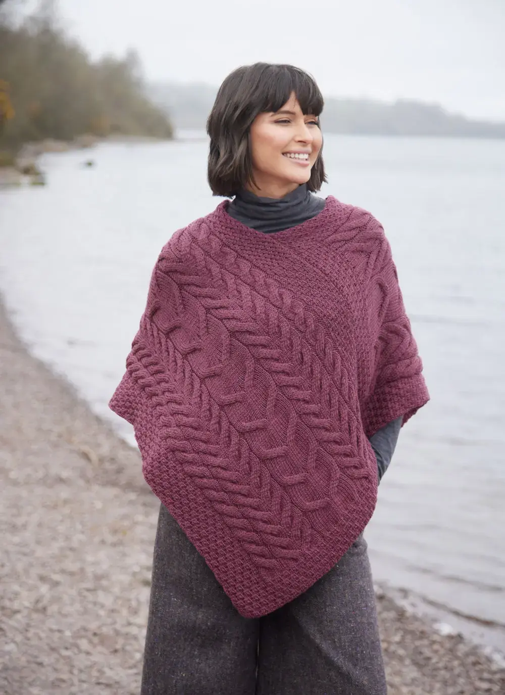 Supersoft Merino Wool Cable Poncho in Jam | Blarney