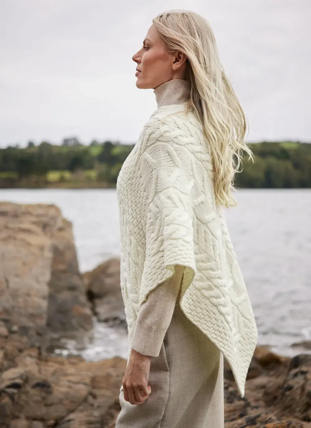 Supersoft Merino Wool Cable Poncho (Natural) | Blarney
