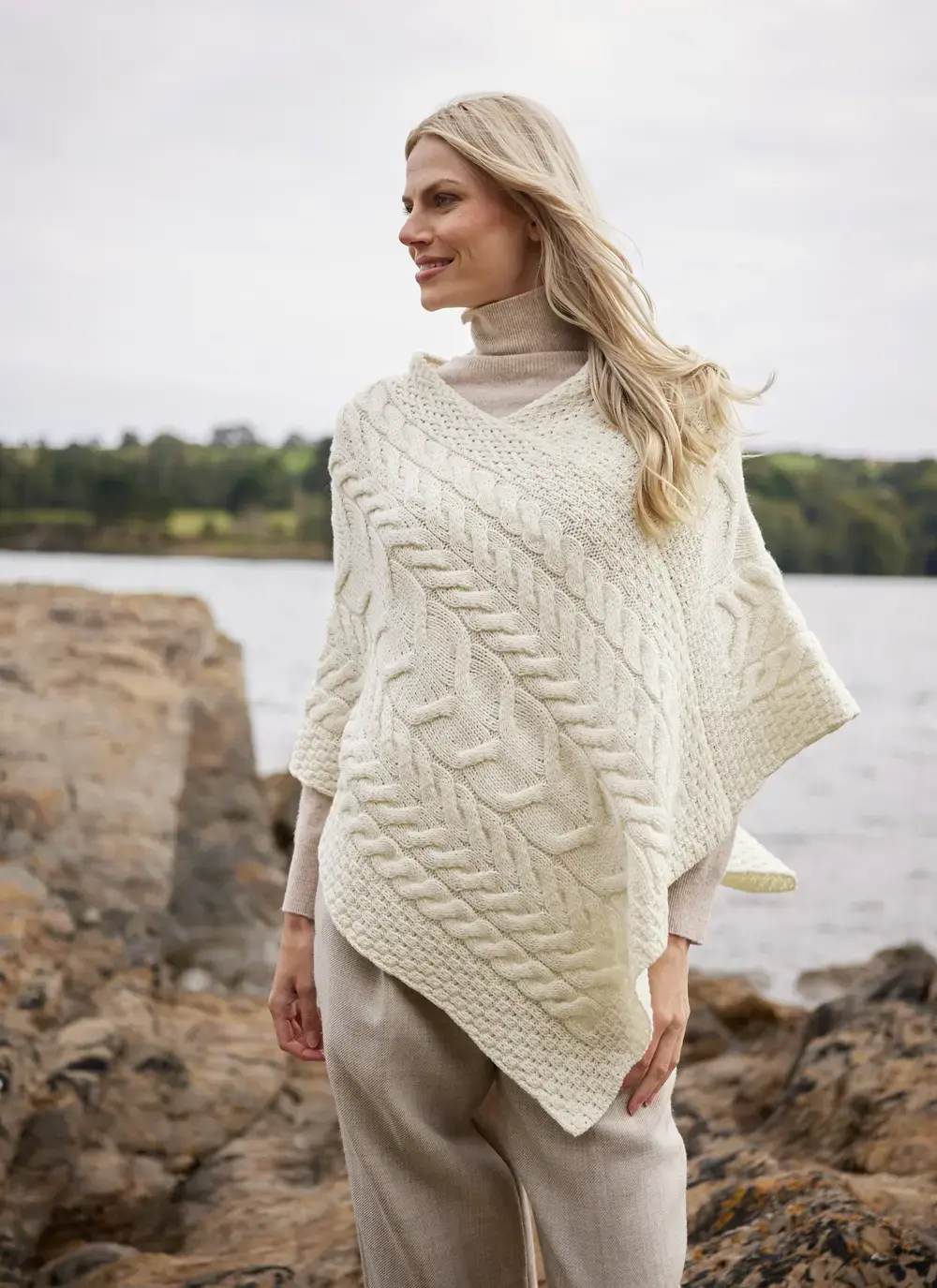 Supersoft Merino Wool Cable Poncho (Natural) | Blarney