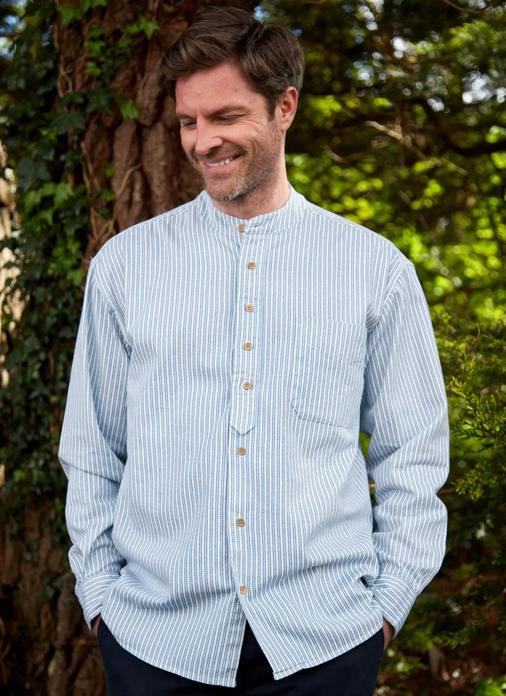 Declan Stripe Grandfather Shirt in Light Blue | Blarney