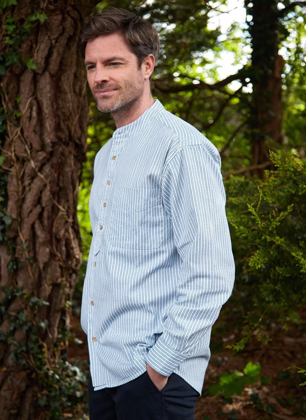 Declan Stripe Grandfather Shirt in Light Blue | Blarney