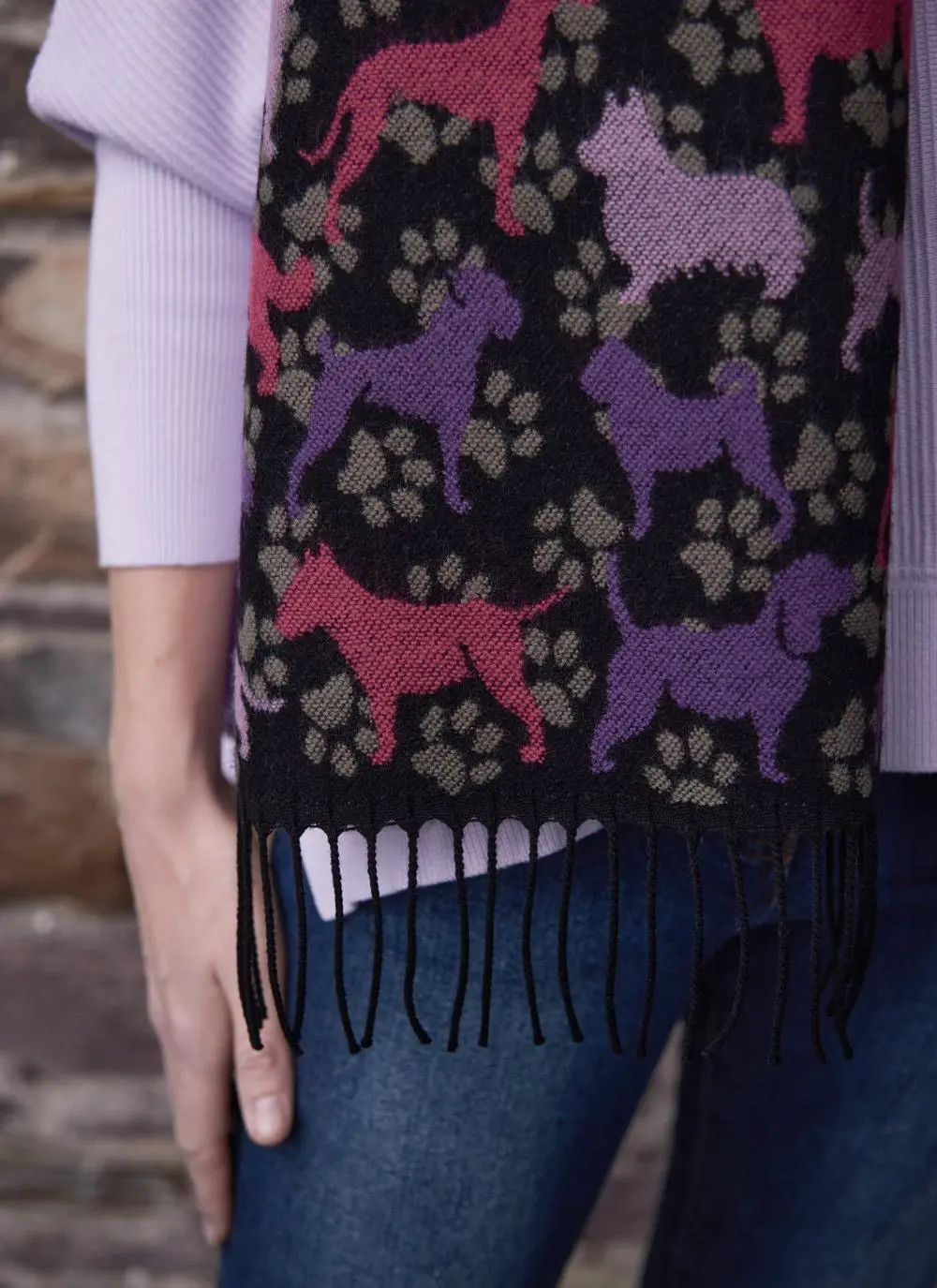 Dog Fringed Scarf in Black/Pink | Blarney