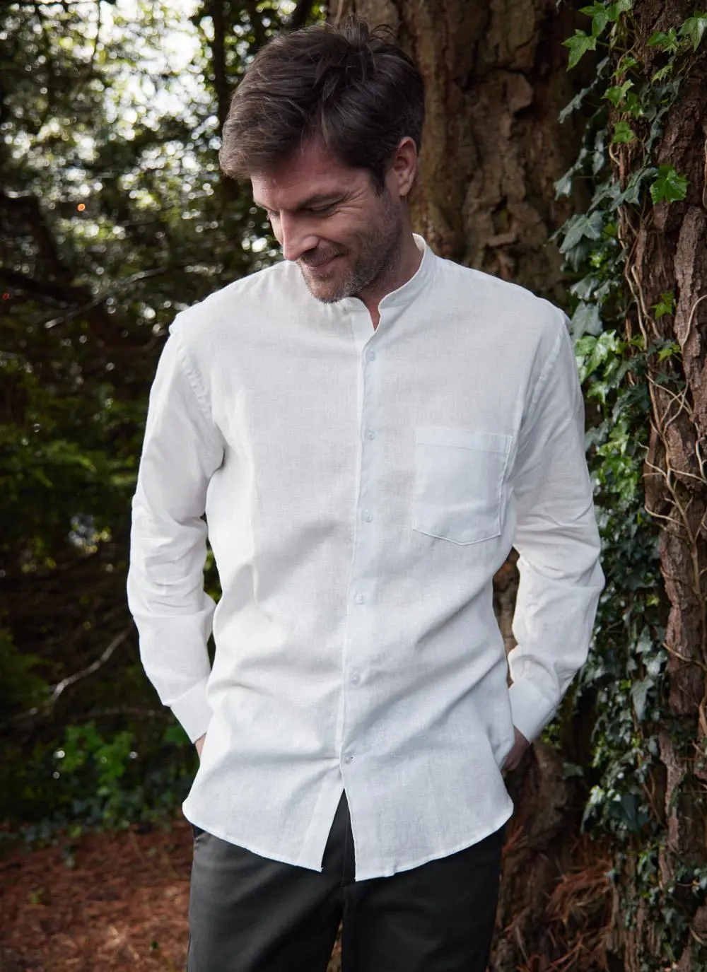 Donal Cotton Linen Grandfather Shirt in White | Blarney