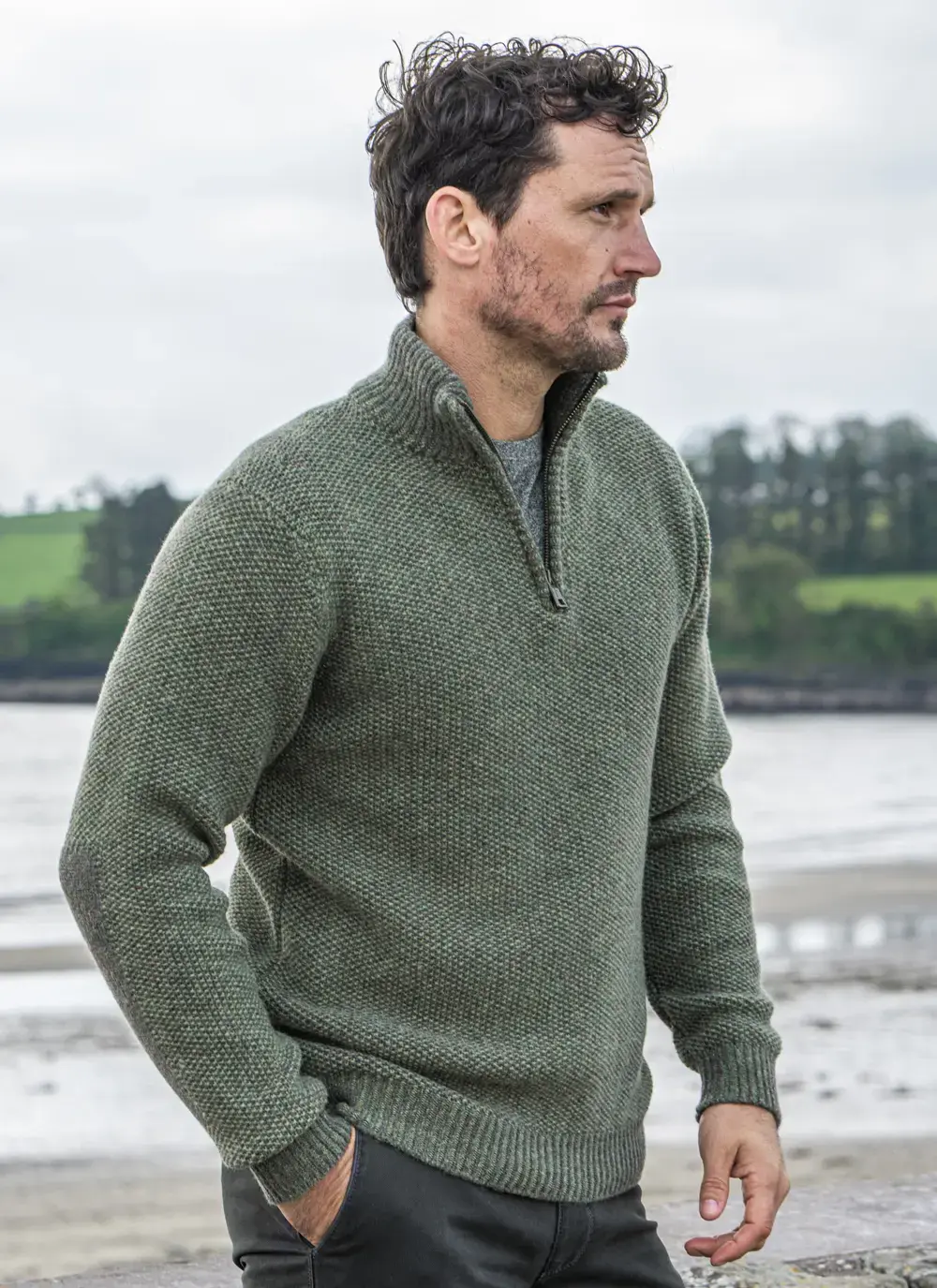 Fisherman Lambswool Seed Stitch Zip Neck Sweater in Field | Blarney