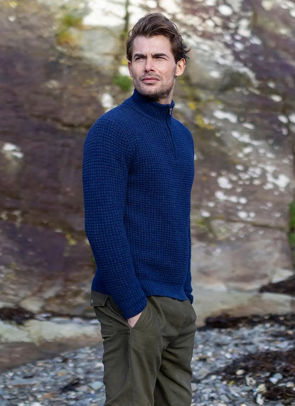 Fisherman Lambswool Waffle Stitch Zip Neck Sweater in Indigo | Blarney