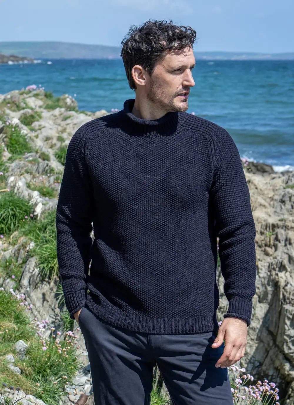 Fisherman Cashmere Seed Stitch Roll Neck Sweater in Navy | Blarney