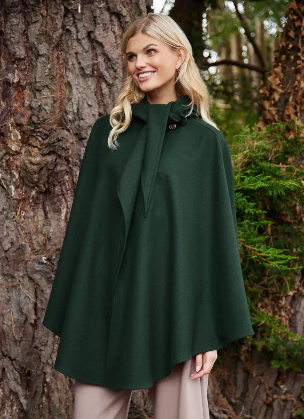 Wool Cashmere Hooded Cape in Bottle Green | Blarney