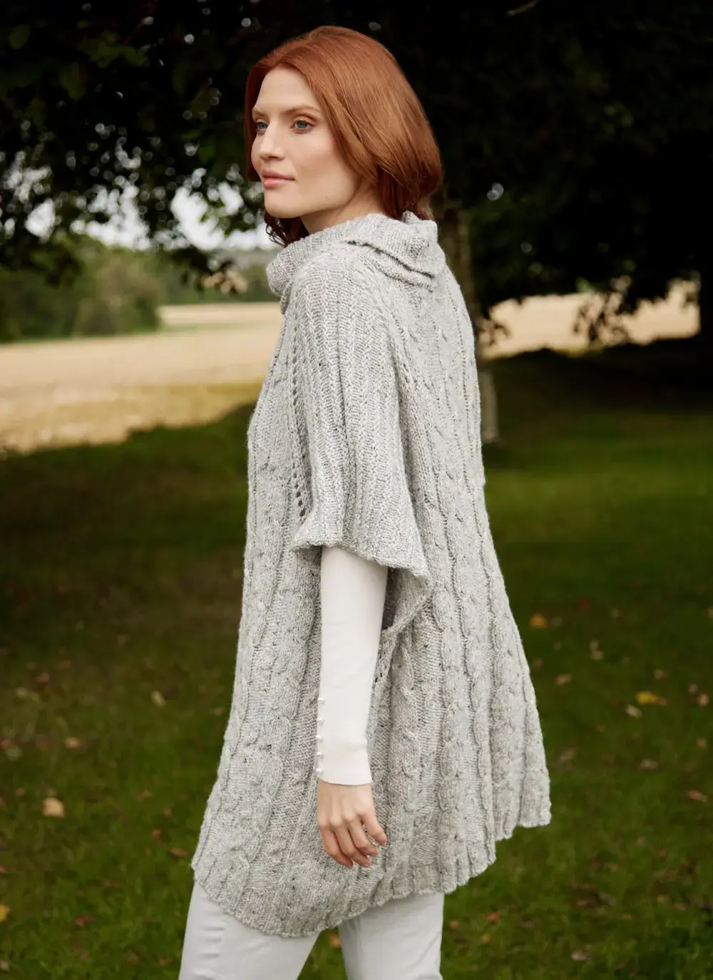 Alpaca & Merino Aran Cable Poncho in Soft Grey | Blarney
