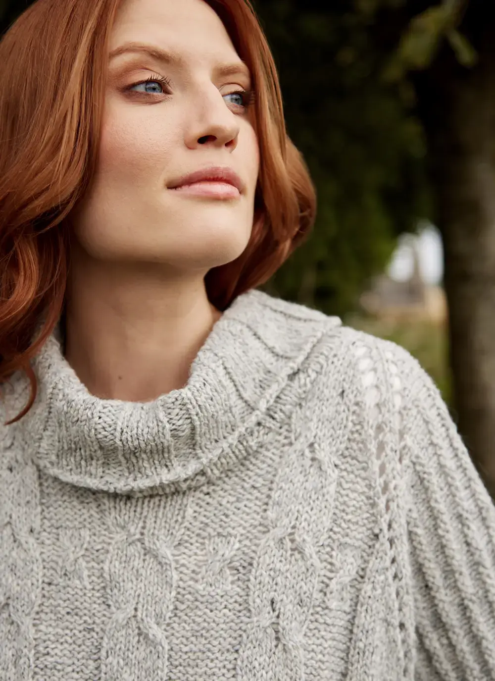 Alpaca & Merino Aran Cable Poncho in Soft Grey | Blarney