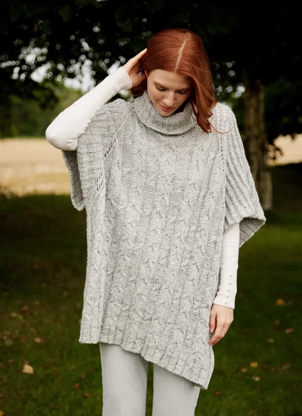 Alpaca & Merino Aran Cable Poncho in Soft Grey | Blarney