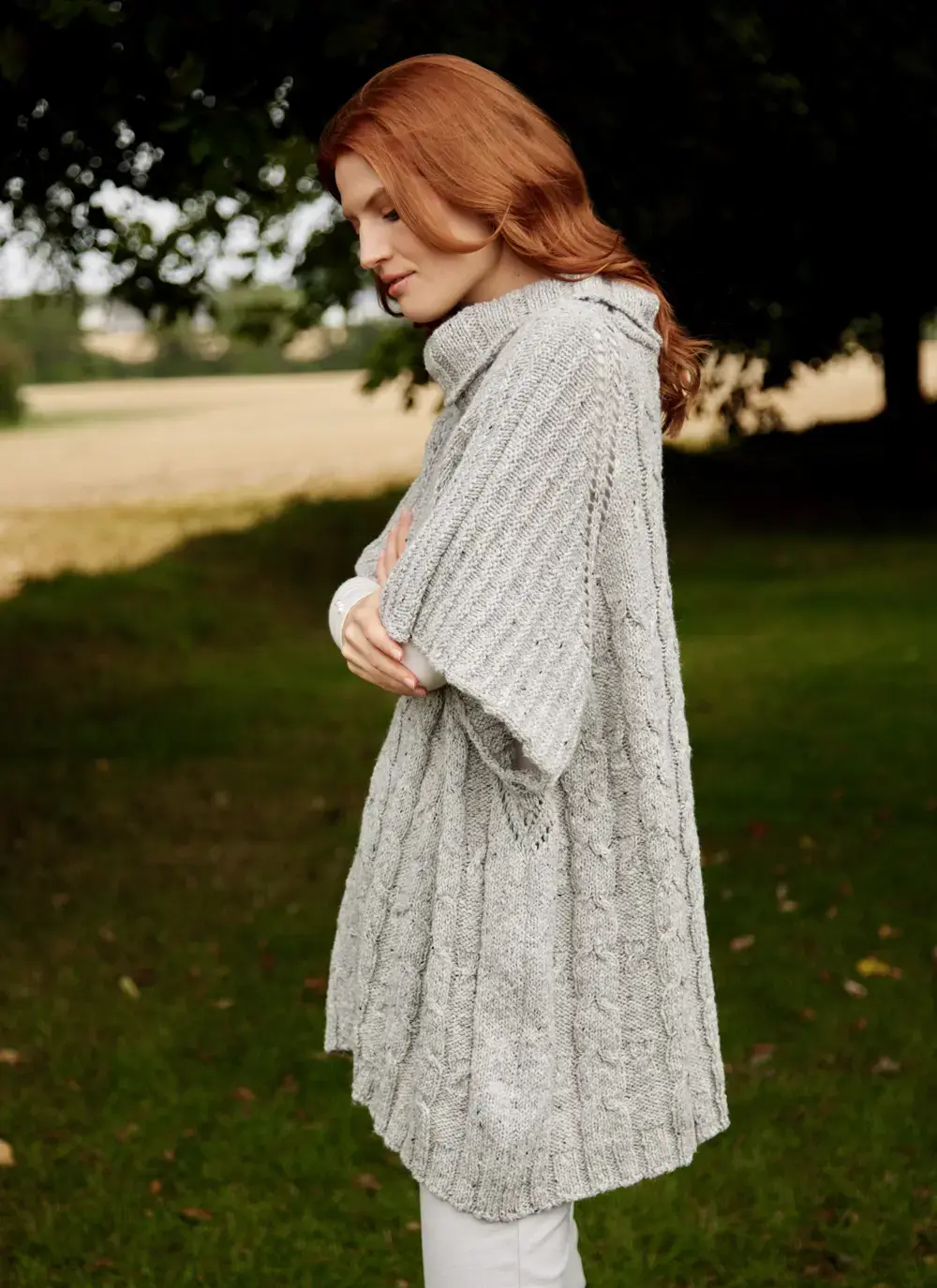 Alpaca & Merino Aran Cable Poncho in Soft Grey | Blarney