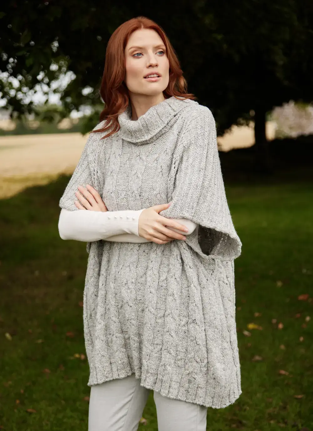 Alpaca & Merino Aran Cable Poncho in Soft Grey | Blarney