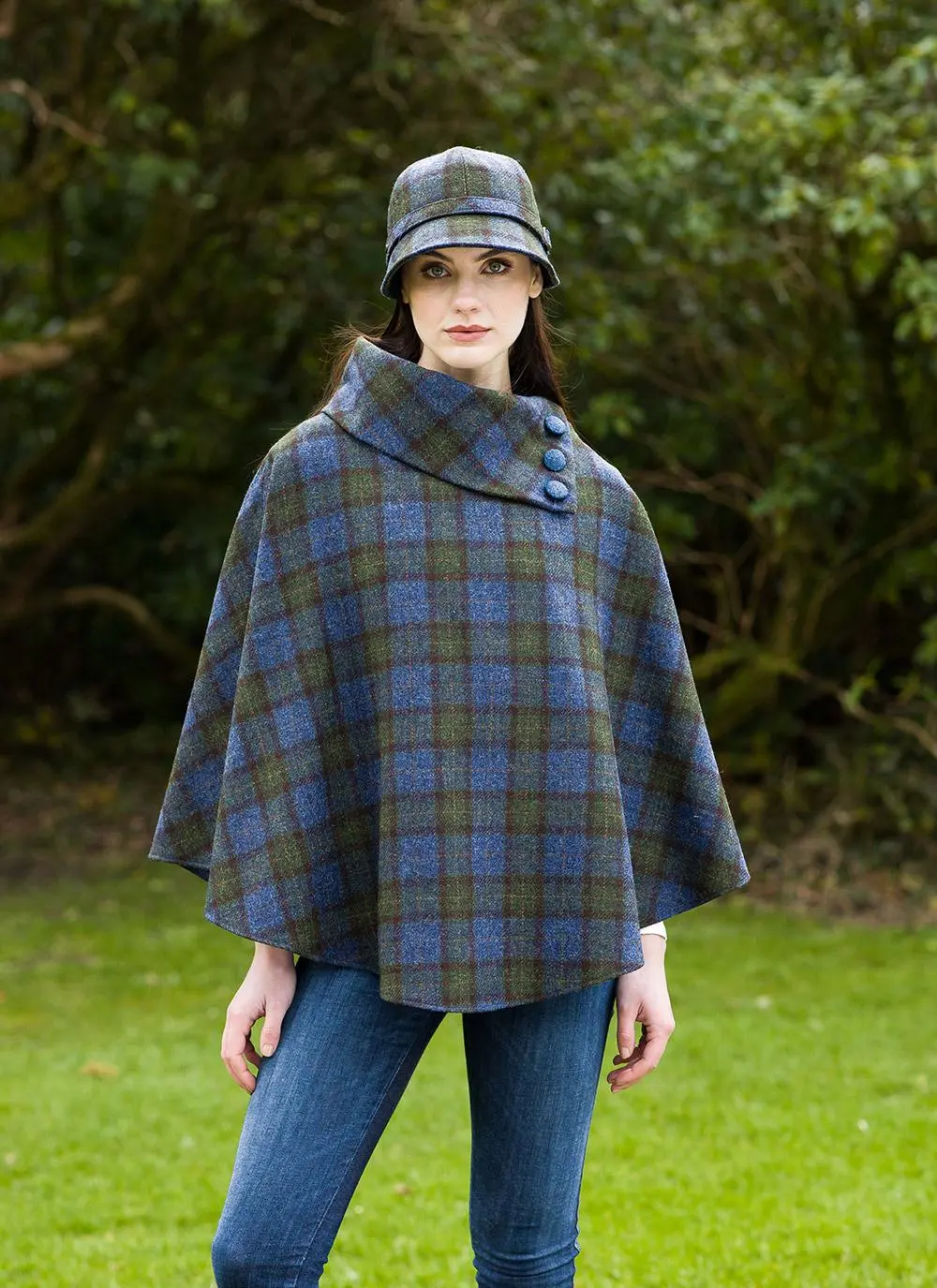 Mucros Wool Poncho in Green/Blue Check | Blarney