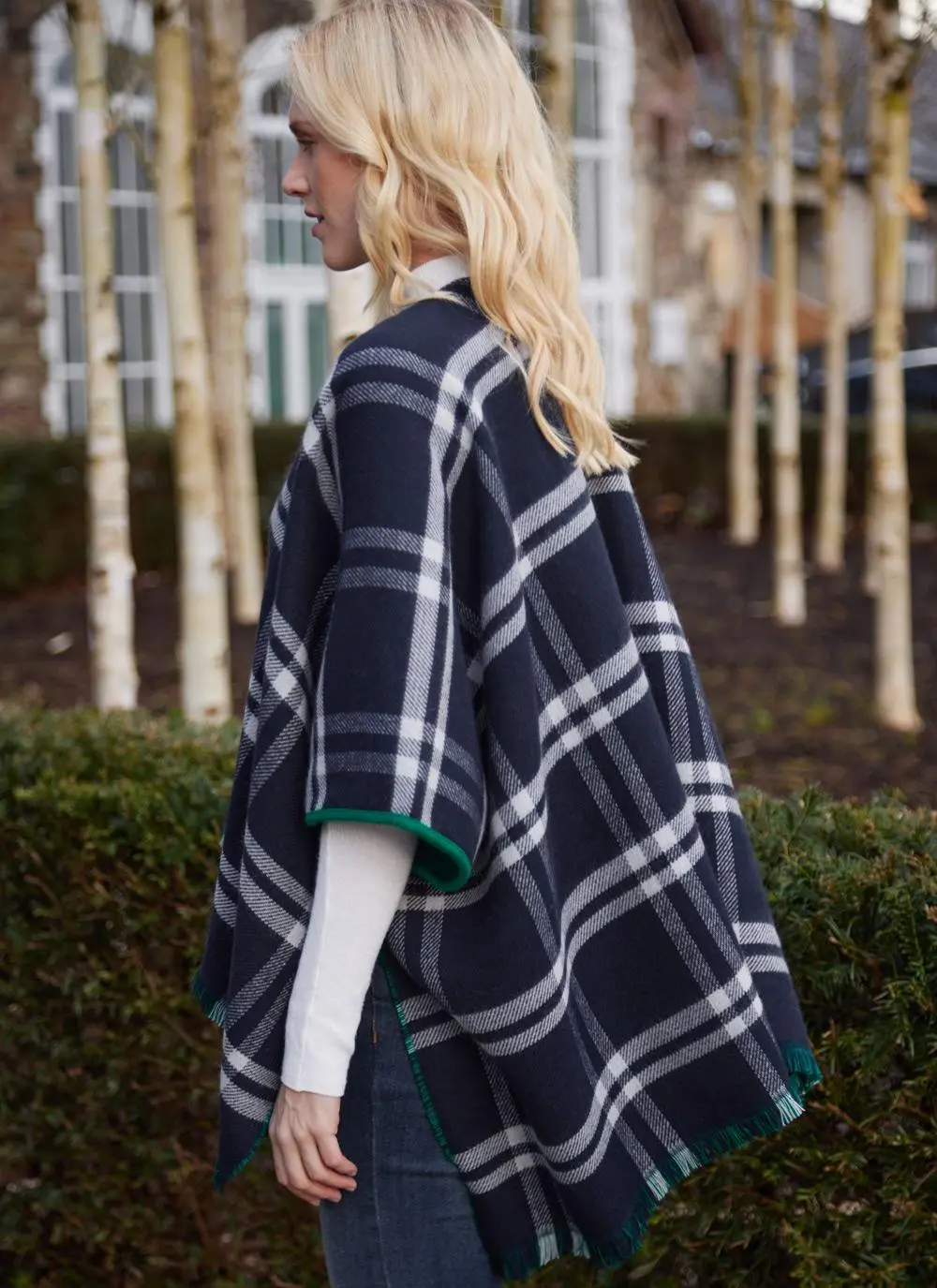 Reversible Check Fringed Poncho in Navy & Green | Blarney