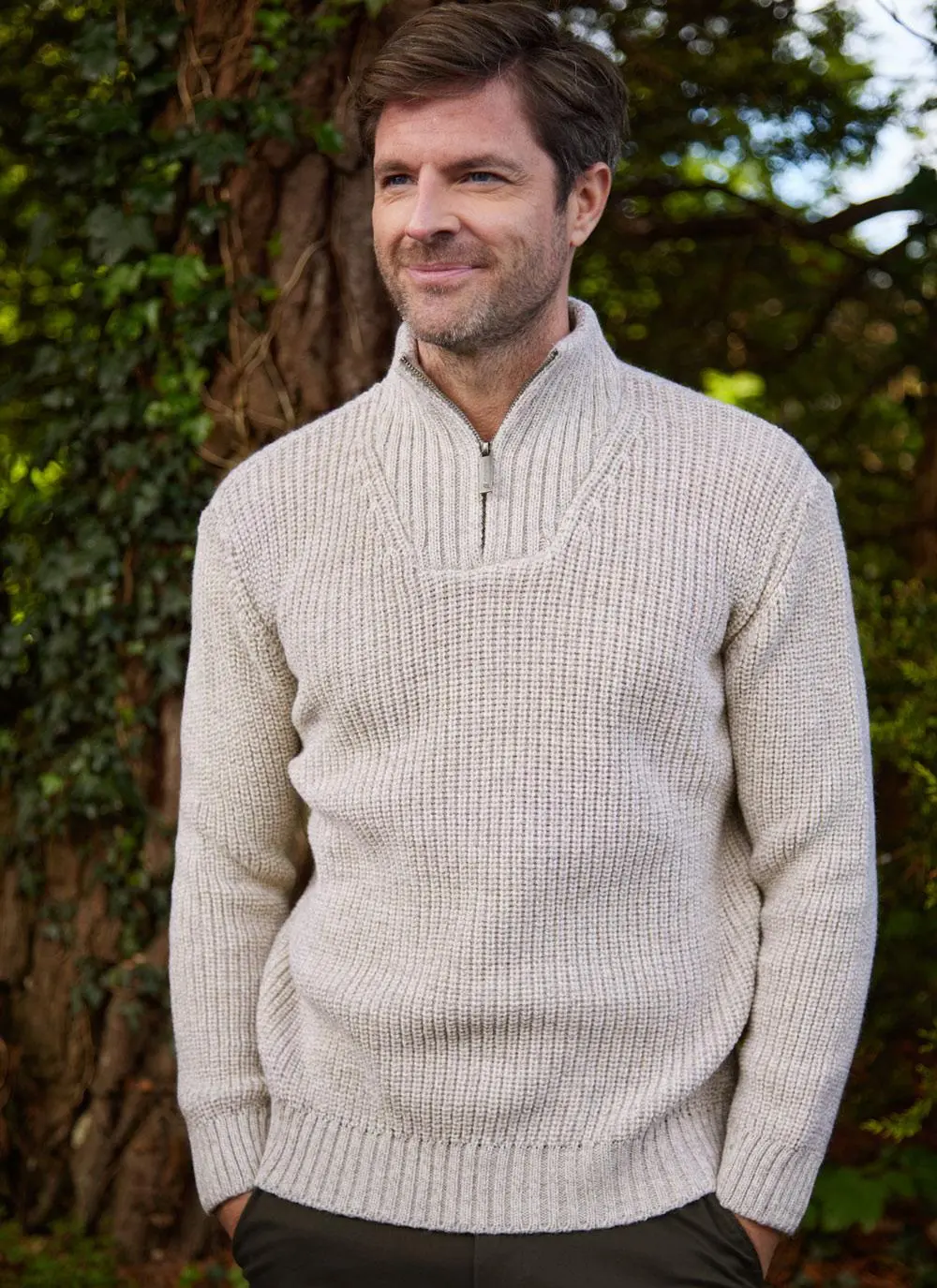 Ribbed Zip Neck Troyer Sweater in Stone Marl | Blarney