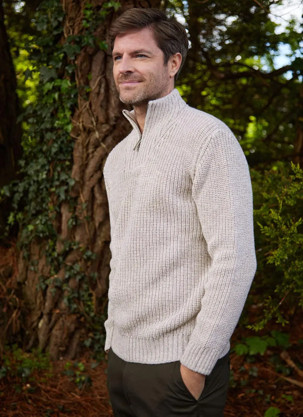 Ribbed Zip Neck Troyer Sweater in Stone Marl | Blarney