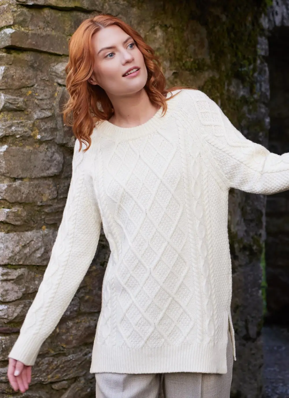 Shannon Wool Cashmere Argyle Crew Neck Aran Sweater in Ecru | Blarney