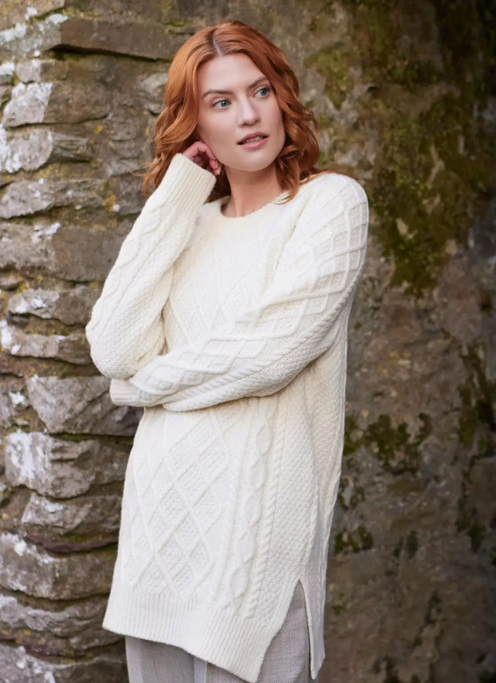 Shannon Wool Cashmere Argyle Crew Neck Aran Sweater in Ecru | Blarney