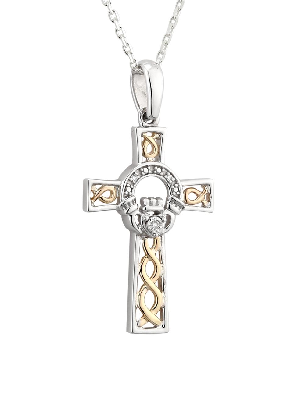 Sterling Silver & 10K Gold Diamond Claddagh Cross Pendant | Blarney