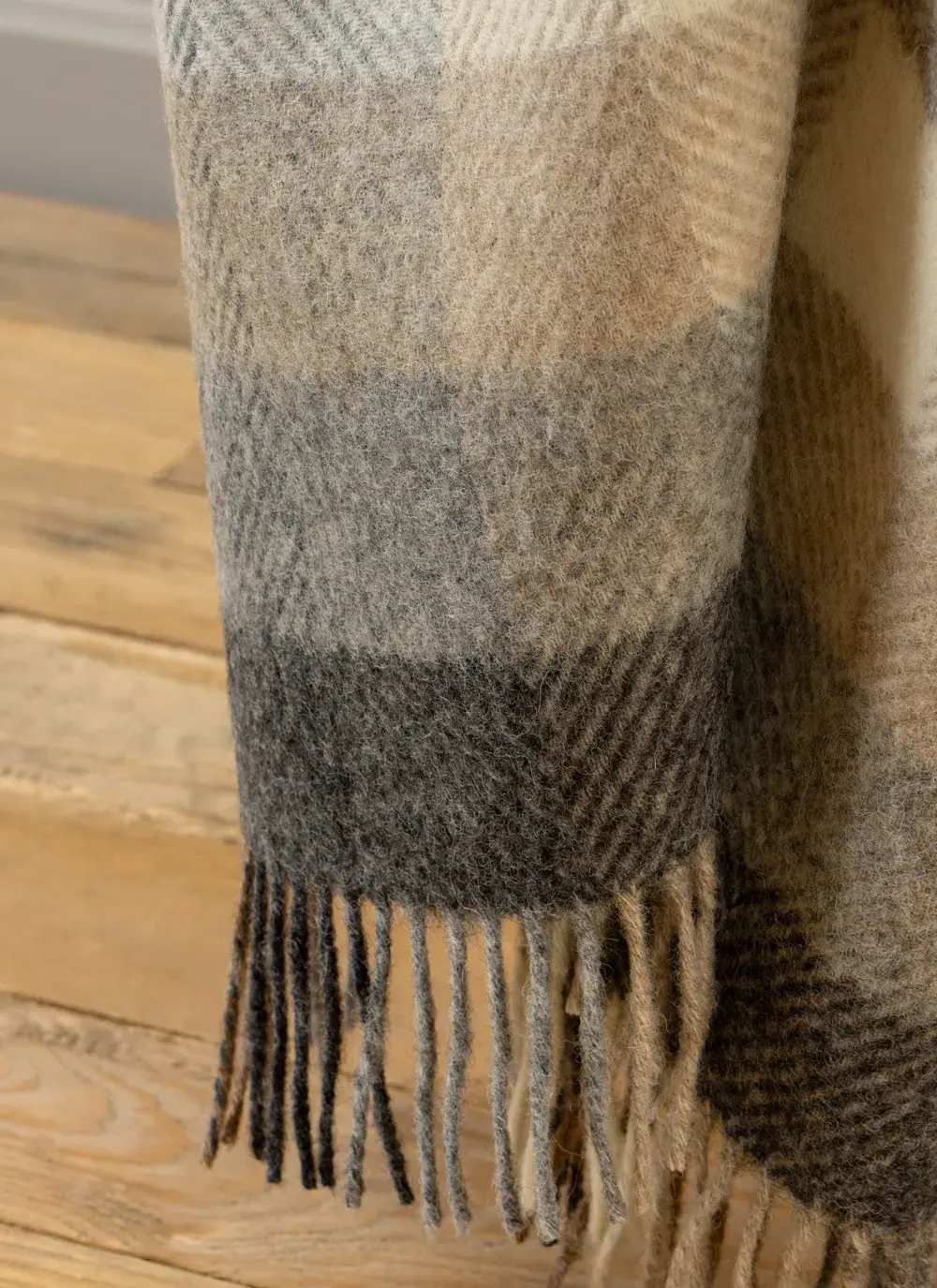 Woodale Natural Highland Wool Throw in Beige/Brown Check | Blarney
