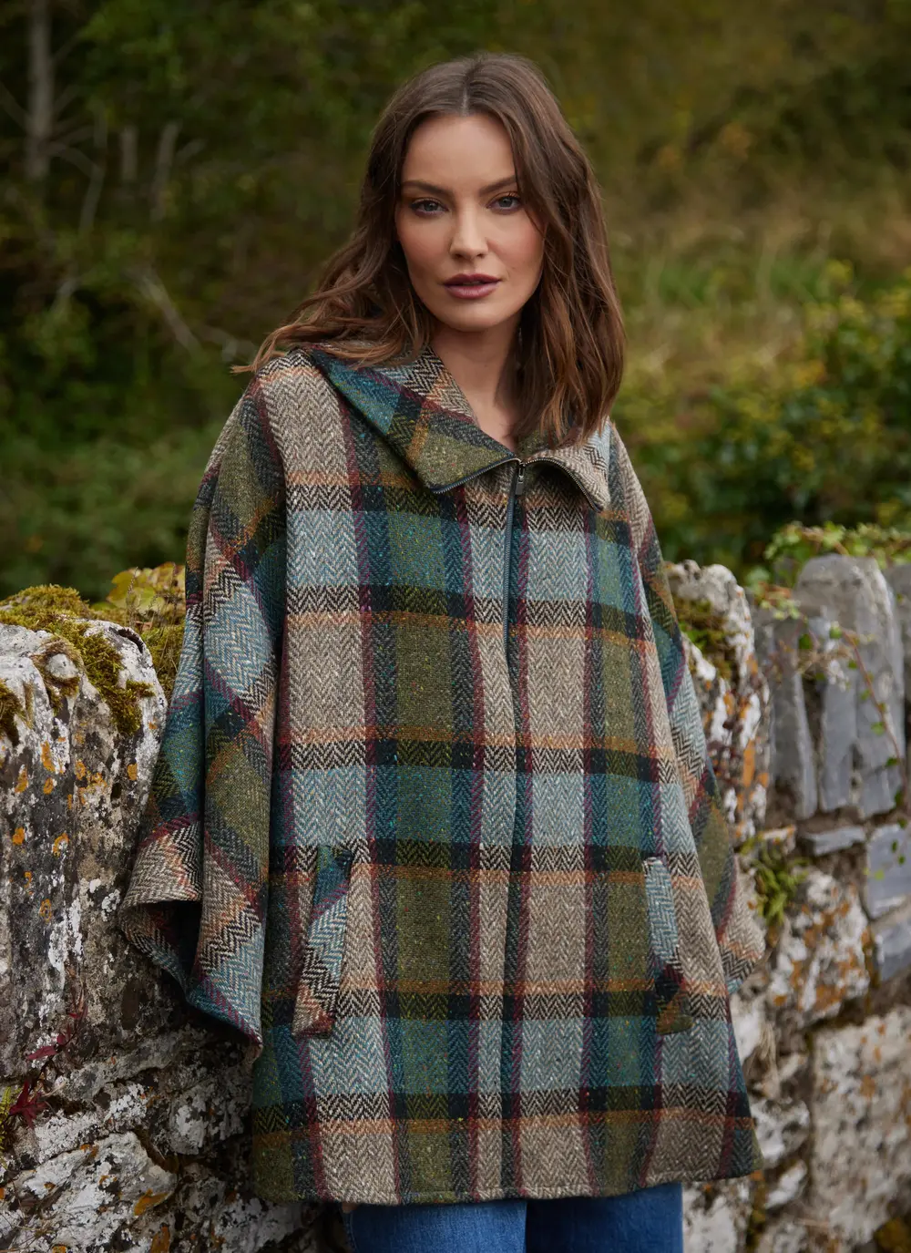 Irish Tweed Check Poncho in Donegal Blue Check | Blarney