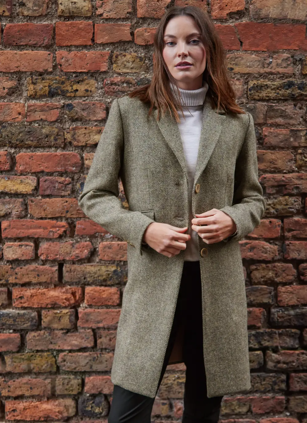 Irish Tweed Mid-Length Coat in Brown Herringbone | Blarney