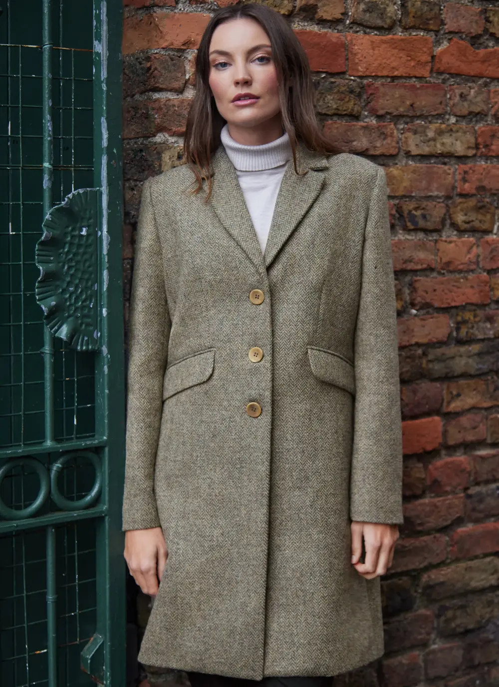 Irish Tweed Mid-Length Coat in Brown Herringbone | Blarney