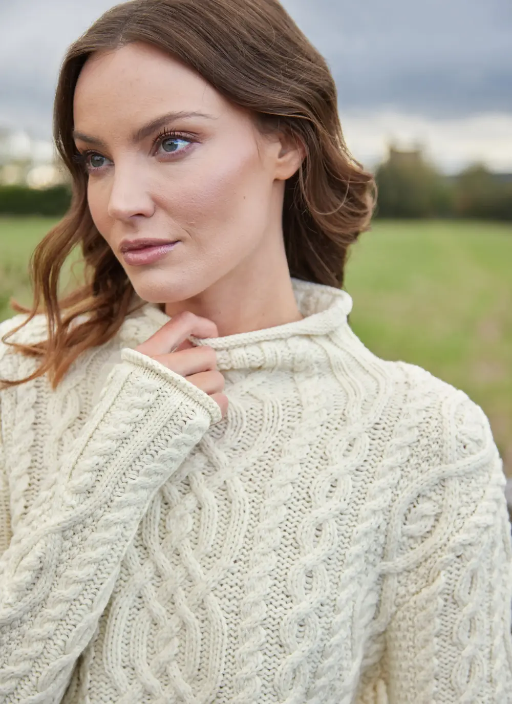 Personalized Soft Roll Neck Aran Sweater in Natural | Blarney
