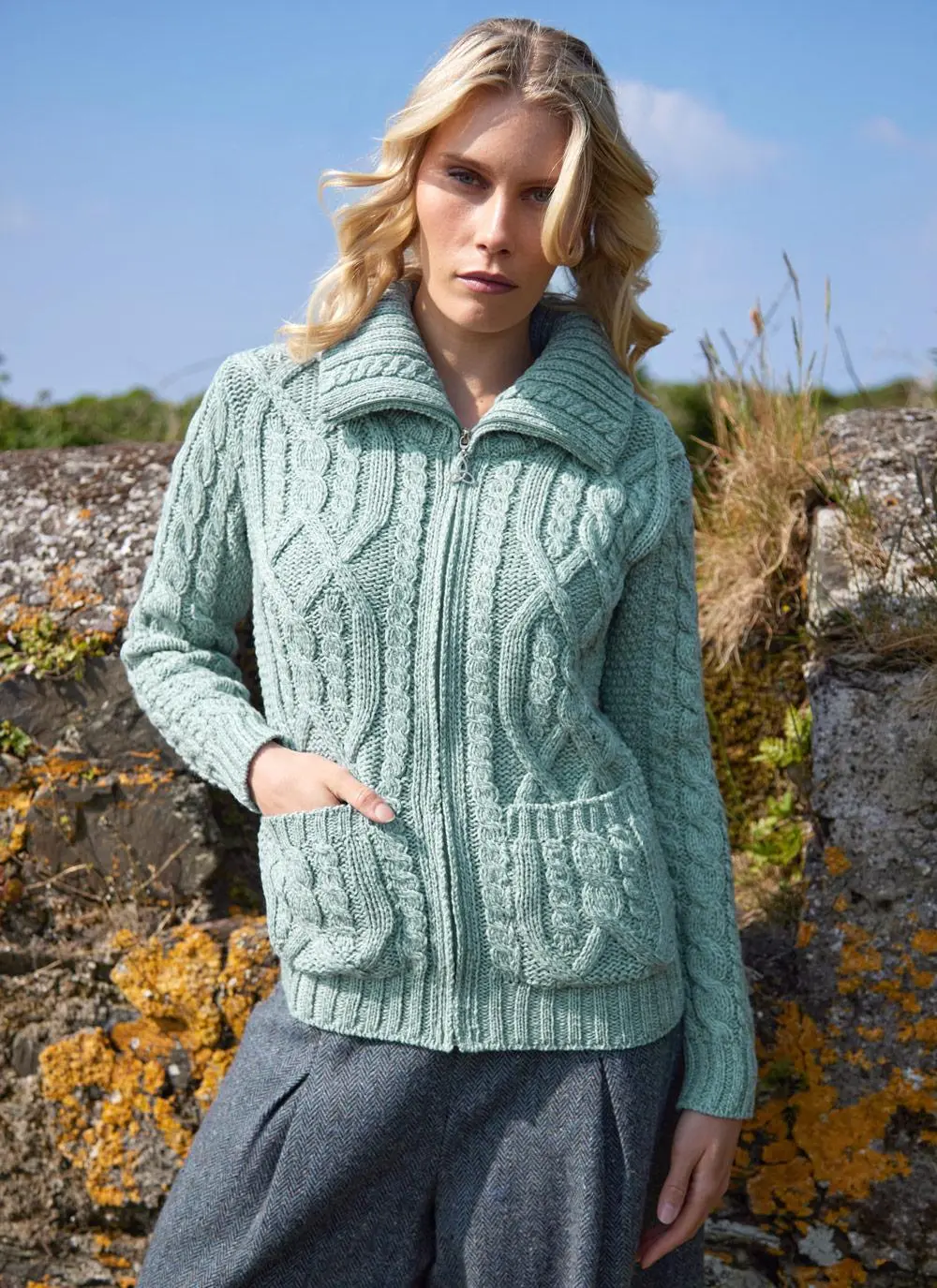 Ella Double Collar Aran Zip Cardigan in Mermaid | Made in Ireland | Blarney