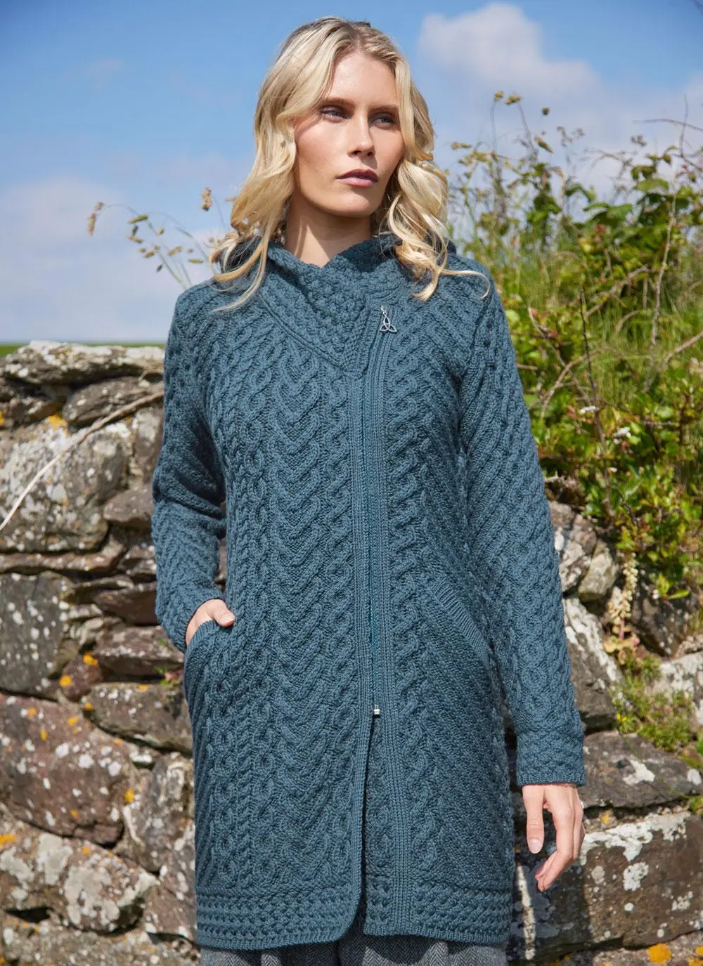 Catriona Side Zip Hooded Coatigan in Mallard Blue | Blarney